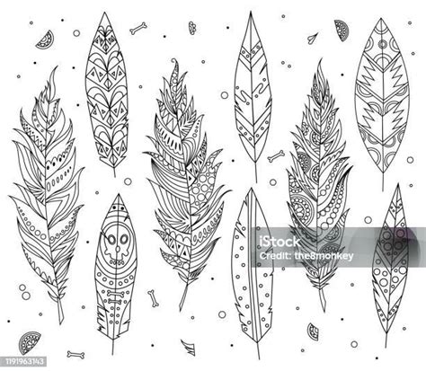 다채로운 상세한 새 깃털 세트 페인트 수채화 디자인 손으로 그린 편집 가능한 요소 사실적인 스타일 벡터 일러스트레이션 배경에 고립 된 민족 색깔의 깃털 스케치 컬렉션 개체