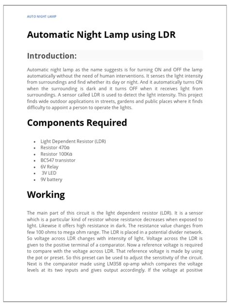 automatic night lamp using ldr pdf relay resistor