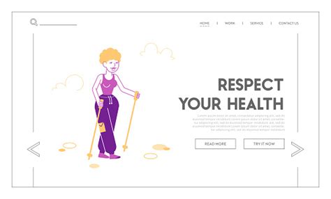 레이디 스포츠 활동 트레킹 라우팅 웹 사이트 방문 페이지 여성 건강 한 라이프 스타일 야외 스포츠 스칸디나비아 노르딕 워킹 스틱