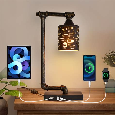 Rvonow Black And Gold Table Lamp With 2 Usb And 1 Type C Charging Ports