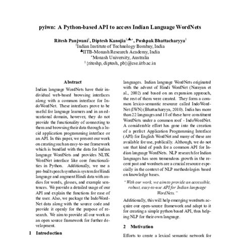 Pyiwn A Python Based Api To Access Indian Language Wordnets Acl Anthology