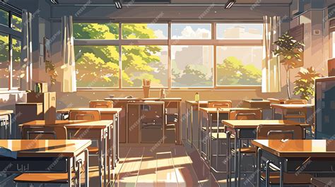 Premium Vector Anime Scene Of A Classroom School With Desks And A View To Trees Outside