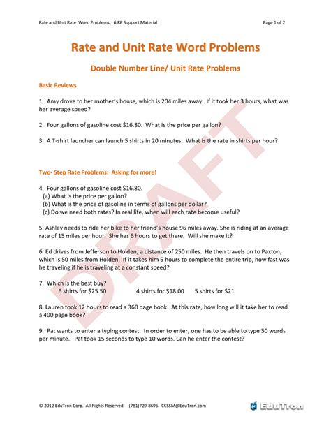 07 Rate And Unit Rate Word Problems Rate And Unit Rate Word Problems 6 Support Material Page 1