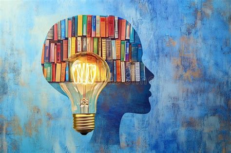 Human Head Silhouette Filled with Books and Glowing Light Bulb Stock ...