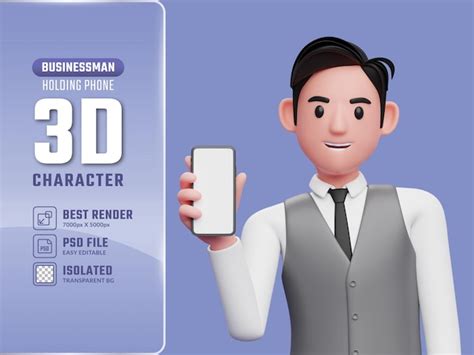 몸을 기울이는 동안 전화를 들고 회색 사무실 조끼에 3d 사업가 프리미엄 Psd 파일