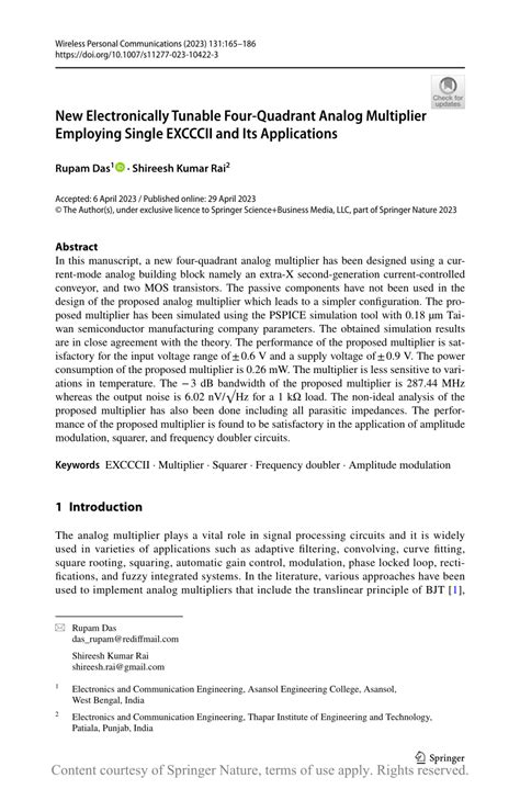 New Electronically Tunable Four Quadrant Analog Multiplier Employing Single Excccii And Its