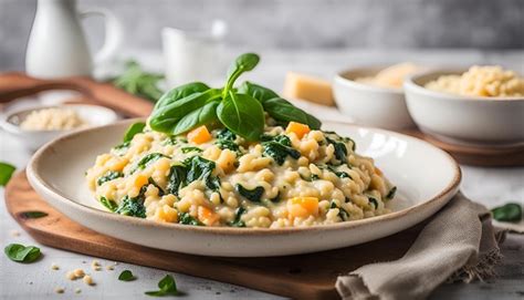 Premium Photo Homemade Creamy Millet Risotto With Spinach And Cheddar