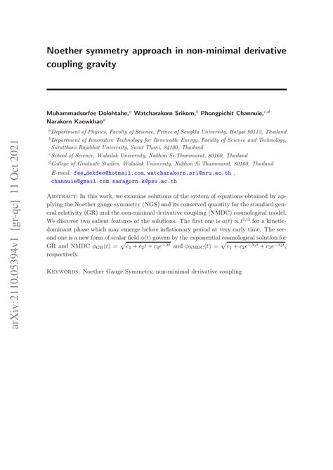 Pdf Noether Symmetry Approach In Non Minimal Derivative Coupling Gravity