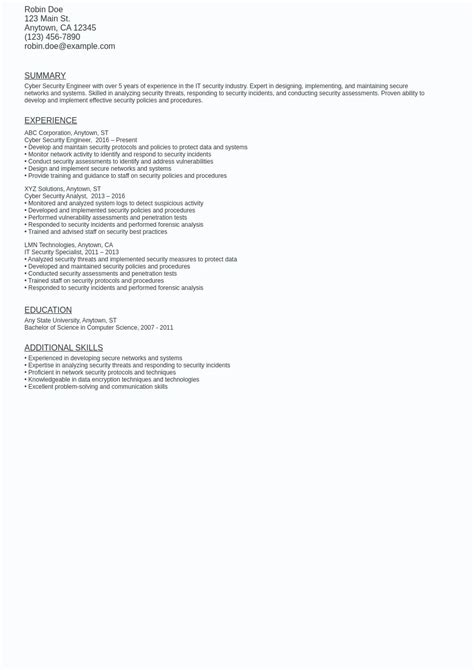 Cyber Security Engineer Resume Sample Template Free Ziprecruiter