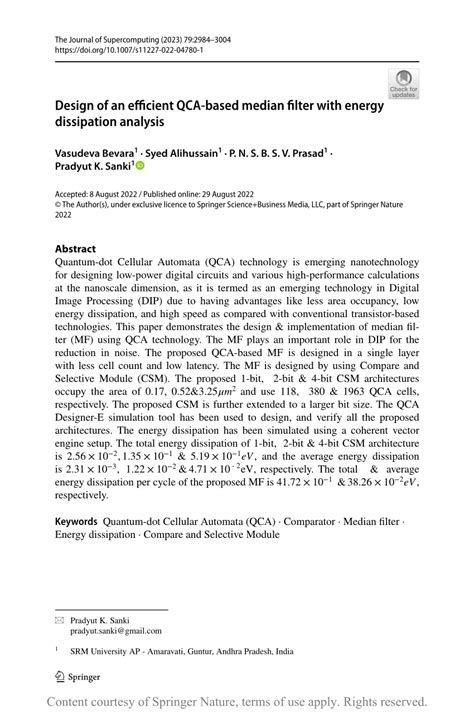 Design Of An Efficient Qca Based Median Filter With Energy Dissipation