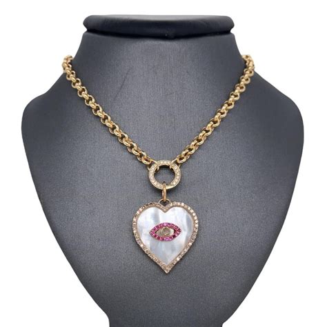 14k Yellow Gold Mother Of Pearl Diamond Heart Pendant Etsy