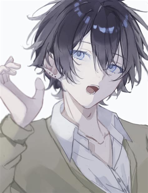 Safebooru 1boy Bishounen Black Hair Blue Eyes Brown Sweater Collared
