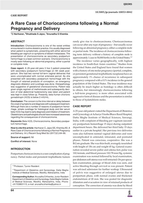 Pdf A Rare Case Of Choriocarcinoma Following A Normal Pregnancy And