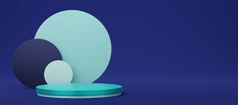 빈 아쿠아 또는 녹색 실린더 연단은 로열 블루 복사 공간 배경에 원이 있습니다 추상 파스텔 미니멀 스튜디오 3d 기하학적 모양 제품 디자인을 전시하기 위한 어두운 모형 공간