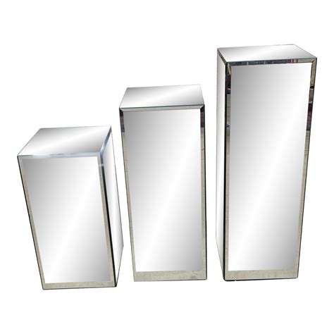 Set Of 3 Graduated Modernist Beveled Glass Mirrored Pedestals Columns
