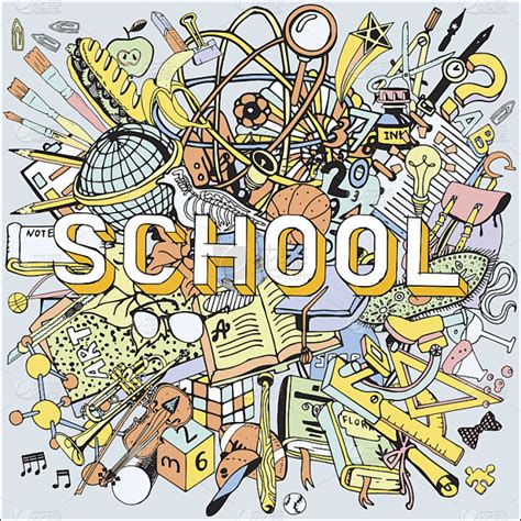 回到学校的涂鸦拼贴画。手绘教育主题。