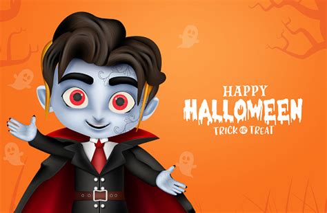 할로윈 뱀파이어 문자 벡터 디자인입니다 친근한 귀여운 의상 소년 뱀파이어 좀비 캐릭터와 함께 해피 할로윈 인사말 텍스트 계절에