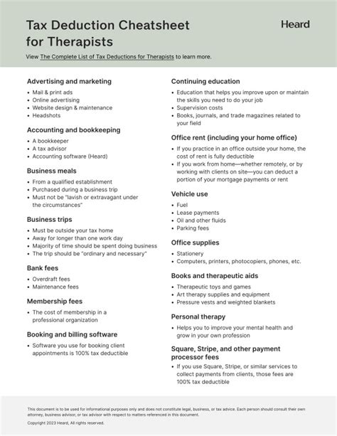 Tax Deduction Cheatsheet For Therapists Heard Worksheets Library