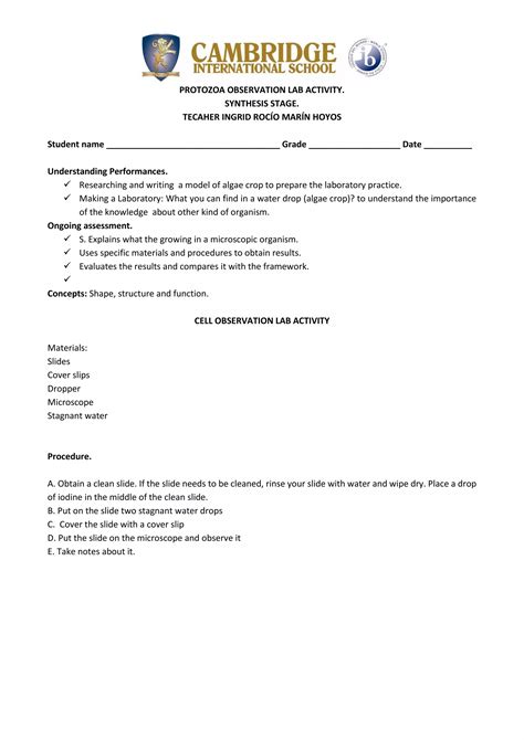 Protozoa Lab Sevenh Grade PDF Biological Sciences Science