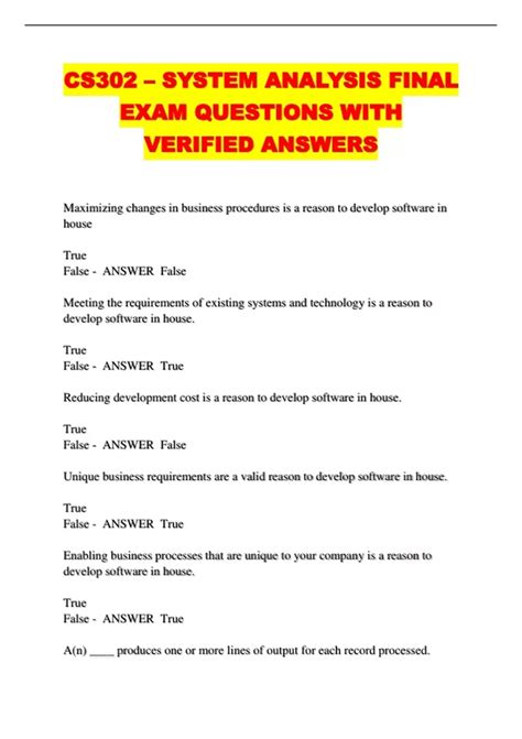 Cs302 System Analysis Final Exam Questions With Verified Answers Cs302 System Analysis