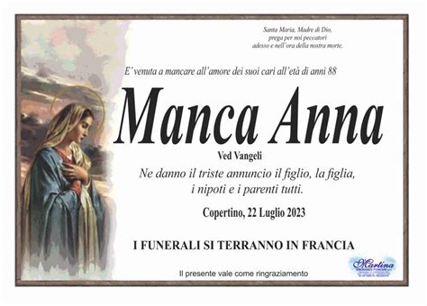 Funerali E Annunci Funebri A Anna Manca Funer24