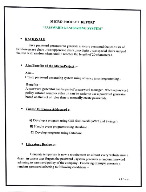 Java Micro Project Report Passward Generating System Rationale Java