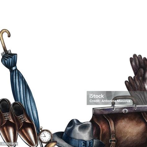 남자를 위한 엽서 빈티지 남성 가방 모자 우산 부츠 장갑이 있는 프레임 수제 수채화 그림 컬러 이미지입니다 모든 남자 또는 아빠의 날 배너 전단지를 축하하기에 좋습니다 0