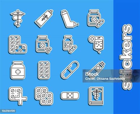 세트 라인 의학 책 연고 크림 튜브 약 Iv 가방 흡입기 약병 및 알약 알약 물집 팩 Caduceus 뱀 의료 기호 및 아이콘 벡터 가방에 대한 스톡 벡터 아트 및 기타