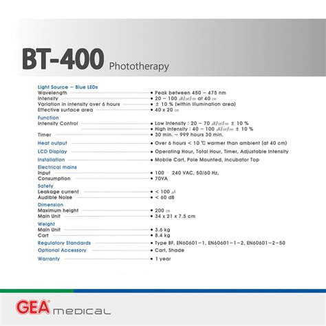 Gea Medical Bt 400 Bistos Phototherapy Unit