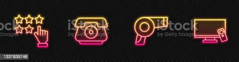 세트 라인 헤어 드라이어 별 등급 전화 단말기 및 스마트 Tv 빛나는 네온 아이콘 벡터 1위에 대한 스톡 벡터 아트 및 기타