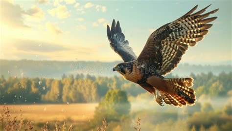 A Majestic Falcon Soaring High Above The Countryside Its Wings Spread