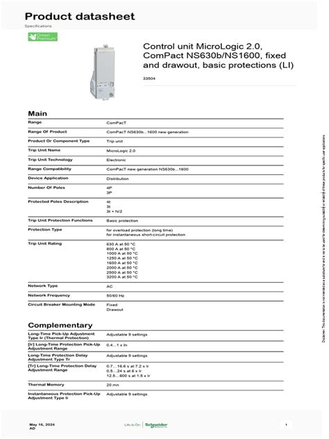 Product Datasheet Control Unit Micrologic 2 0 Compact Ns630b Ns1600