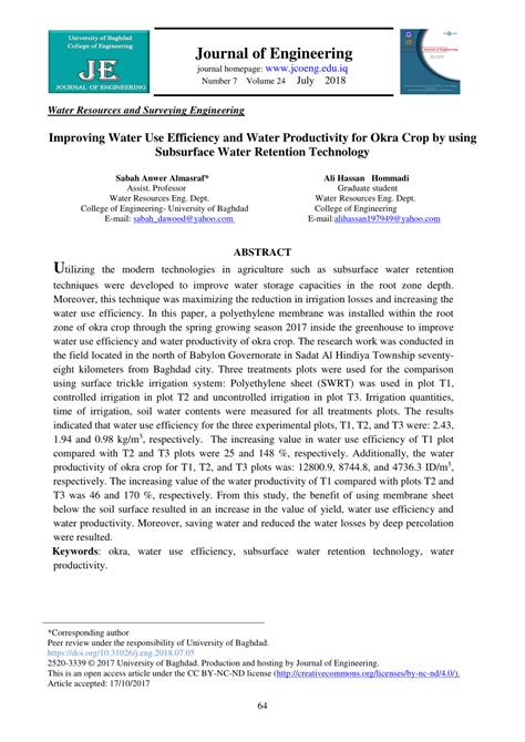 Pdf Improving Water Use Efficiency And Water Productivity For Okra Crop By Using Subsurface