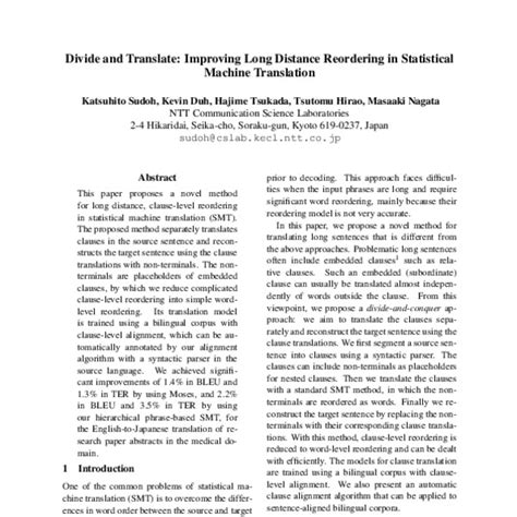 Divide And Translate Improving Long Distance Reordering In Statistical
