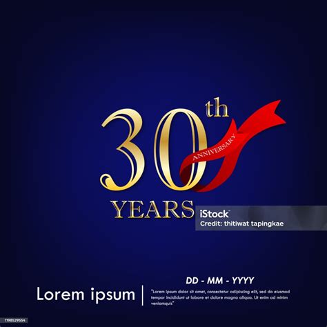30 주년 기념 헝겊 어두운 파란색 배경에 빨간 리본 축하 인사말 및 초대 카드에 대한 벡터 일러스트 템플릿 디자인과 우아함