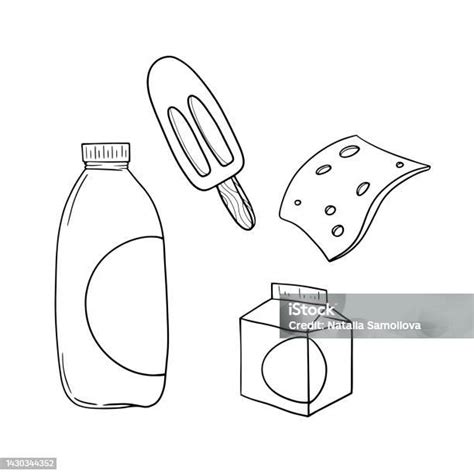 아이콘의 흑백 세트 유제품 치즈 조각 우유 아이스크림과 우유 가방 벡터 만화 가득 찬에 대한 스톡 벡터 아트 및 기타 이미지 가득 찬 개체 그룹 갤런 Istock