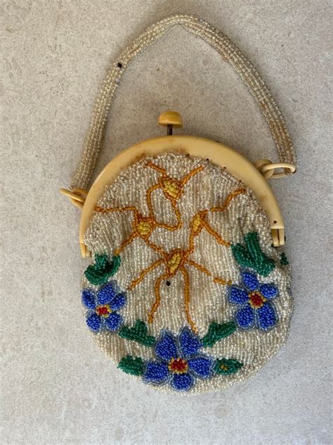 Antique 1920s Micro Beaded Purse Small Evening Bag Cr Gem