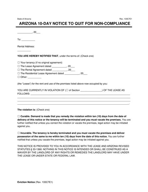 Free Arizona 10 Day Notice To Quit Non Compliance Pdf And Word