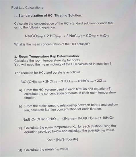 Post Lab Calculations 1 Standardization Of Hcl
