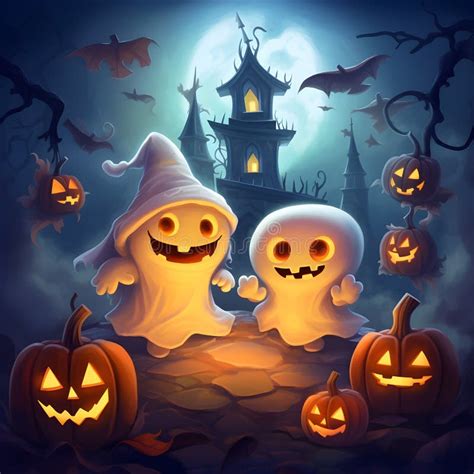 Happy Halloween With Couple Og Cute Ghosts On A Haunted House