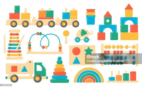 어린이 나무 장난감 세트 미취학 아동을위한 교육 논리 장난감 만화 스타일의 일러스트레이션 몬테소리 교육에 대한 스톡 벡터 아트 및 기타 이미지 Istock
