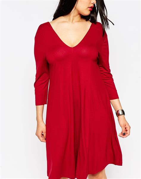 Asos Curve V Front V Back Swing Dress With Three Quarter Length Sleeves