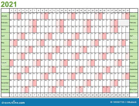 2021 Linear Calendar Vector Illustration Yearly Calender Planner