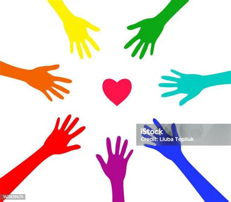 만화 무지개 색깔 손과 심장 Lgbtq 사랑 개념 흰색 배경에 고립 된 플랫 벡터 다중 색상에 대한 스톡 벡터 아트 및 기타
