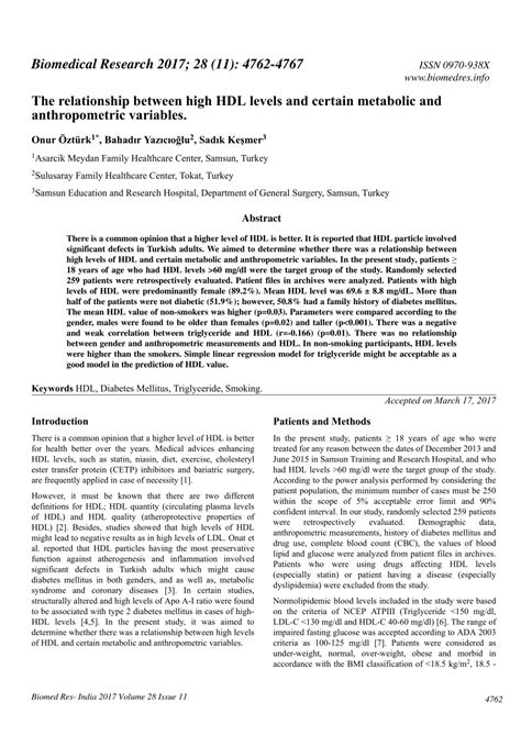 Pdf The Relationship Between High Hdl Levels And Certain Metabolic