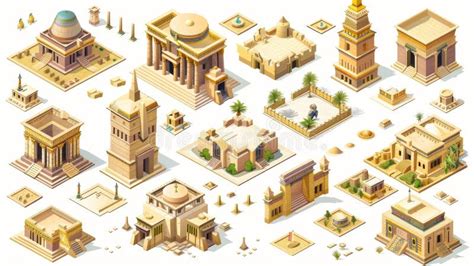 Building Icons Set Featuring Temples Palaces Houses Egyptian City Landscape Elements Ancient