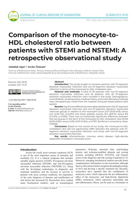 Pdf Comparison Of The Monocyte To Hdl Cholesterol Ratio Between Patients With Stemi And Nstemi