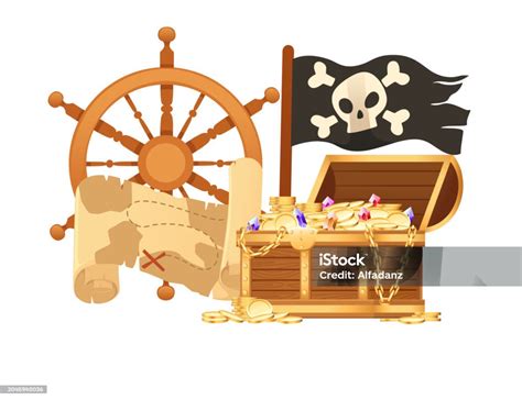 보물지도 모자와 나무 가슴 벡터 일러스트 레이 션이 흰색 배경에 고립 된 해적 테마의 그림 골동품에 대한 스톡 벡터 아트 및 기타 이미지 골동품 공란 금 금속