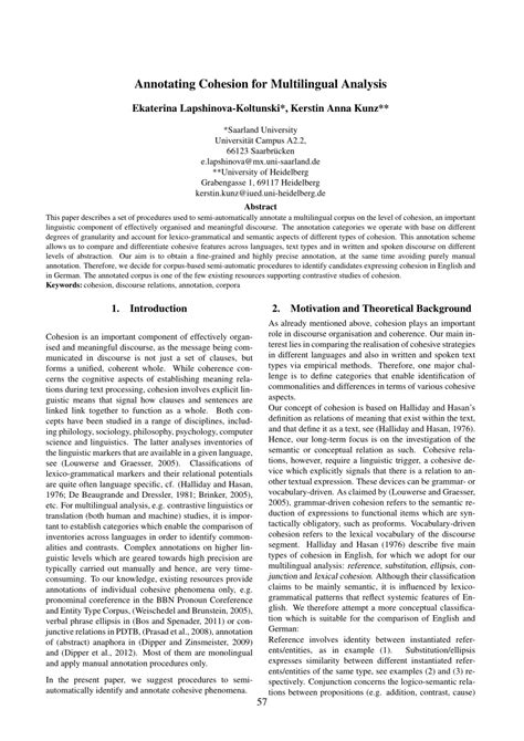 Pdf Annotating Cohesion For Multillingual Analysis