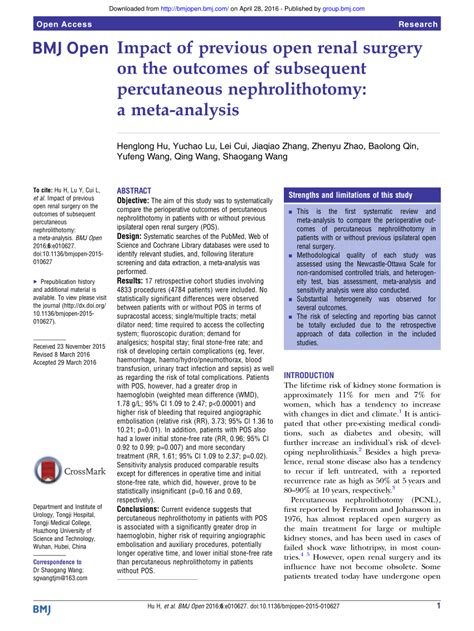 Pdf Impact Of Previous Open Renal Surgery On The Outcomes Of Subsequent Percutaneous